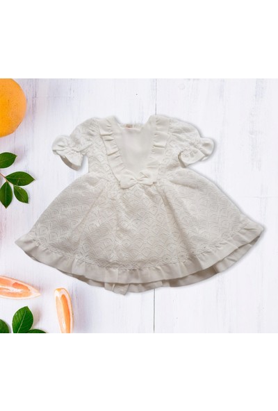 Kız Çocuk Ekru Fiyonk Dantelli Kısa Kol Elbise Kız Çocuk Ekru Fiyonk Dantelli Kısa Kol Elbise
