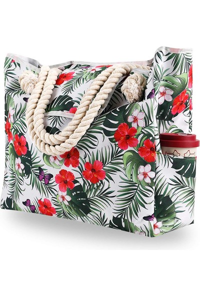 Busgame Askılı Cepli Çiçek Desenli Plaj Çantası - Çok Renkli (Yurt Dışından)