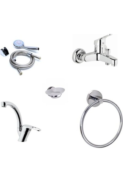 Banyo Bataryası Lavabo Bataryası Yuvarlak Havluluk Sabunluk Duş Alosu 5'li Set