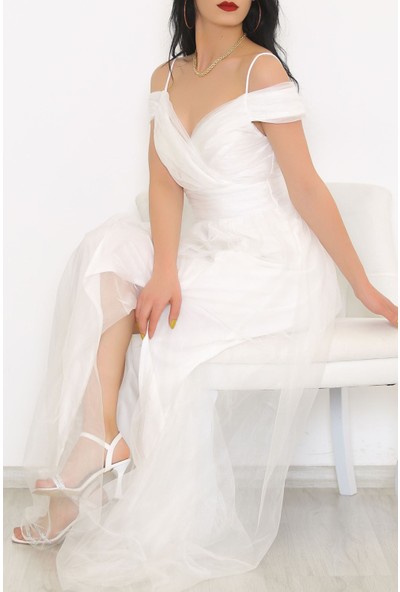 Büzgülü Tül Askılı Abiye Beyaz - 38748.100.