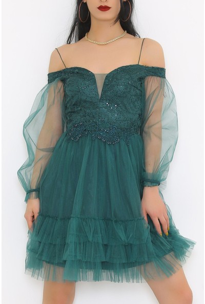 Eteği Fırfırlı Beli Motifli Abiye Koyuyeşil - 38770.100.