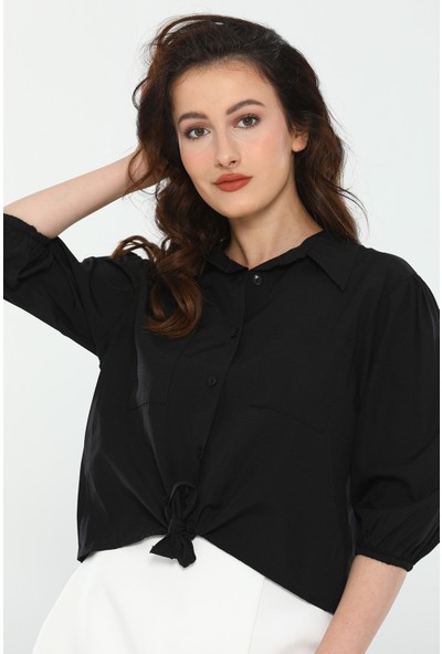 Siyah Kadın Bel Bağlamalı Cepli Gömlek P-040330
