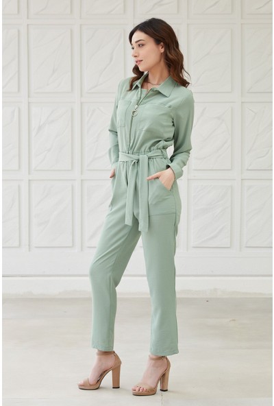 Lova Norve Kadın Gömlek Yaka Kuşaklı Tulum