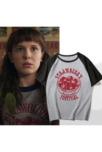 Touz Moda Stranger Things Gri Unisex Reglan Kol Strawberry Festival Tişört Touz Moda Stranger Things Gri Unisex Reglan Kol Strawberry Festival Tişört