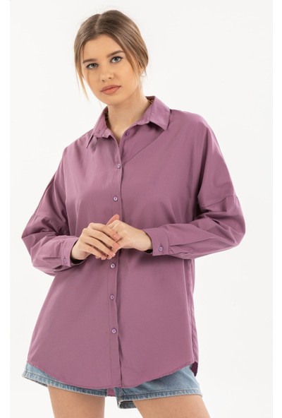 Ners Koyu Lila Oversize Uzun Basic Gömlek Ners Koyu Lila Oversize Uzun Basic Gömlek