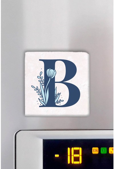 Cekuonline Desenli Magnet Baskılı Doğal Taş Buzdolabı Magneti Çiçekli B Harfi