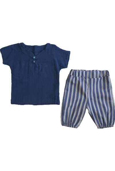 Erkek Bebek Mavi Kısa Kollu Yazlık Müslin Tshirt Çizgili Şo 2 Yaş