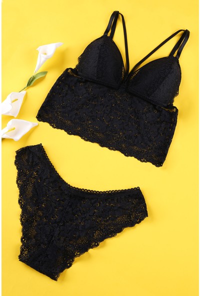 Kadın Siyah Dantel Detaylı Bralet Takım