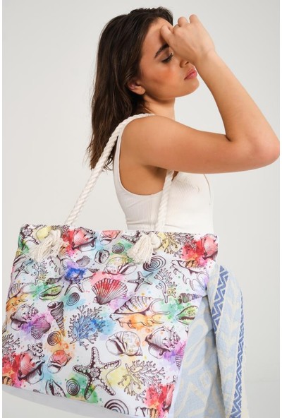 Beyaz Deniz Kabuğu Desenli Plaj Çantası