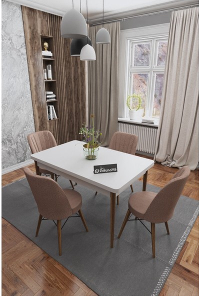 Kaffa Home Ay Serisi E1 Belgeli Beyaz Suntalem 70X110 Sabit Masa Takımı 4 Sandalyeli - Acı Kahve