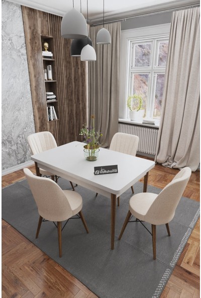 Kaffa Home Ay Serisi E1 Belgeli Beyaz Suntalem 70X110 Sabit Masa Takımı 4 Sandalyeli - Krem