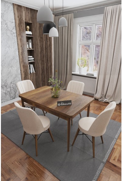 Kaffa Home Ceviz Serisi E1 Belgeli Barok Suntalem 70X110 Sabit Masa Takımı 4 Sandalyeli - Krem