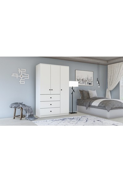 Metalia Gm 308 Ece Lüx 3 Kapı 3 Çekmeceli Düğme Kulplu Gardırop