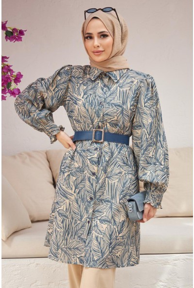 Modamiks Kemerli Kol Uçları Büzgülü Desenli Tunik - Lacivert