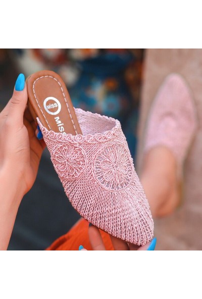 Pabucmarketi Kadın Pudra Örgülü Terlik