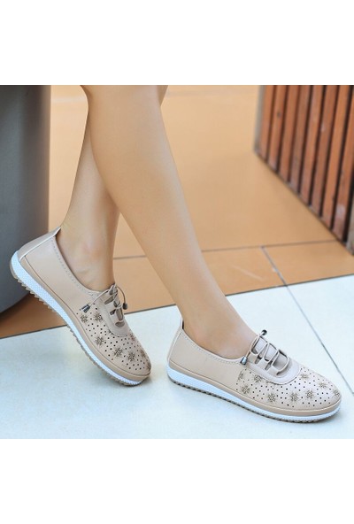 Pabucmarketi Krem Suni Deri Babet Kadın Ayakkabı