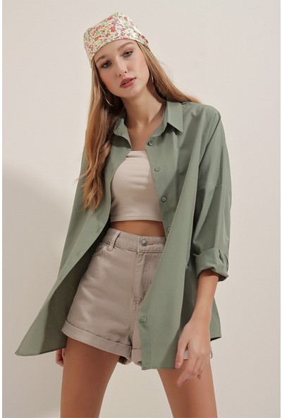 Ners Haki Oversize Uzun Basic Gömlek Ners Haki Oversize Uzun Basic Gömlek