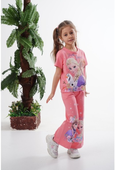 Minotto Kids Kız Çocuk Pembe Frozen Desenli Ispanyol Paça Penye 2'li Takım