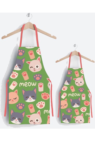 Ays Home Anne Çocuk Yeşil Kedi İkili Mutfak Önlüğü Seti