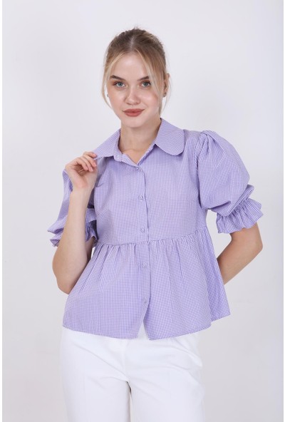 Bebe Yaka Kolları Lastikli Pötikare Gömlek