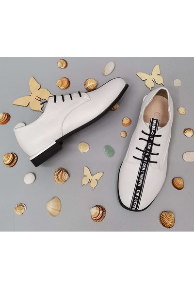 Hakiki Deri Özel Tasarım Şeritli Rahat Giyim Maskülen Kadın Babet