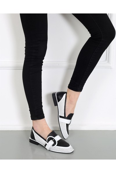 Hakiki Deri Özel Tasarım Tokalı Beyaz Siyah Kadın Babet