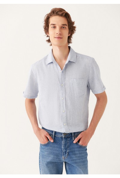 Keten Karışımlı Kısa Kollu Mavi Gömlek