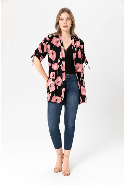 Etkimod Kadın Siyah Çiçek Desenli Dokuma Ceket