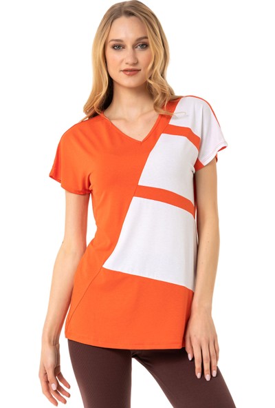 Etkimod Kadın Turuncu Beyaz Parça Desenli Kısa Kollu Bluz