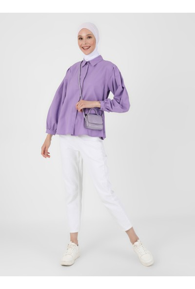 Benin Kolu Pileli Poplin Gömlek - Lila - Benin