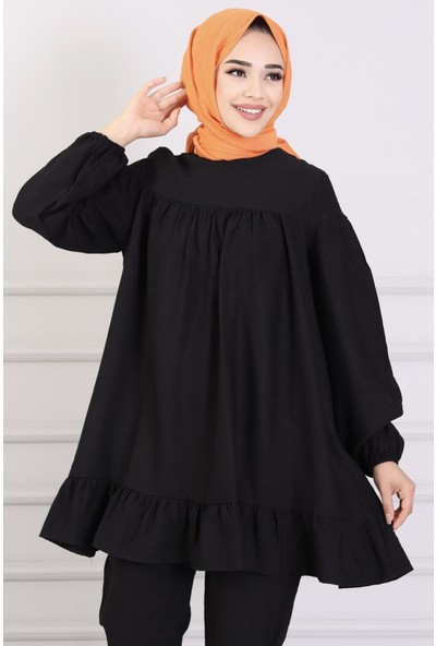 Robalı Etek Ucu Fırfırlı Keten Pantolon Takım-Siyah