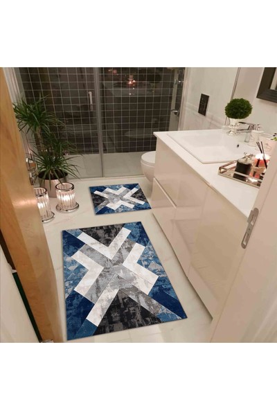 Liva Home Gold Çerçeve Mermer Desenli Dijital Baskılı Banyo Paspas Takımı