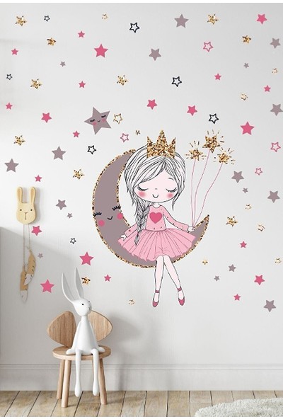 Ahenk Moda Ayda Oturan Sevimli Kız Çocuk Odası Duvar Sticker Seti Ahenk Moda Ayda Oturan Sevimli Kız Çocuk Odası Duvar Sticker Seti