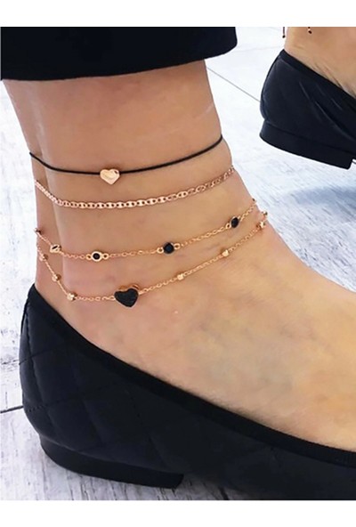 Modatac Halhal. Kalp Detaylı Zincir Halhal 4-Lü Set