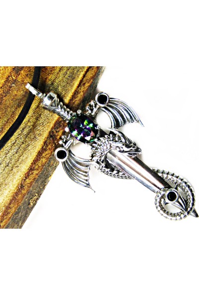 Lilah Gümüş Tr Gümüş Mistik Topaz Taşlı Kılıç Ejderha Erkek Kolye