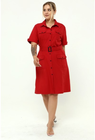 Schık Kadın Büyük Beden Cepli Düğmeli Kemerli Elbise Kırmızı SCKWM22EL05 Schık Kadın Büyük Beden Cepli Düğmeli Kemerli Elbise Kırmızı SCKWM22EL05