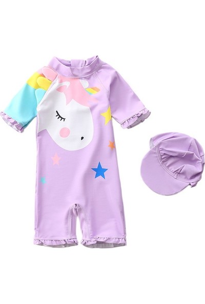 Lovehome Tek Parça Uzun Kollu Şapkalı Kız Çocuk Mayo - Mor (Yurt Dışından)