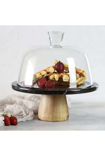 Akayev Mermer 25 cm Ahşap Konik Ayaklı Siyah Cam Fanus