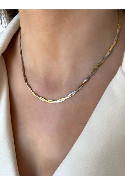 Çelik Çift Renk Sarma Kolye Gümüş/altın