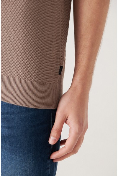 AVVA Polo Yaka Jakarlı Triko T-Shirt_vizon
