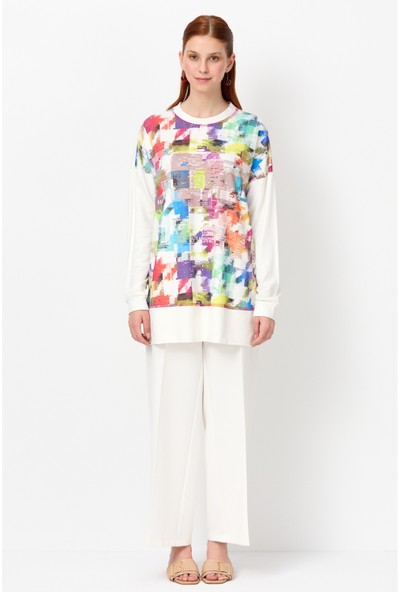 Nihan Önü Desenli Sweat Pembe - Ekru