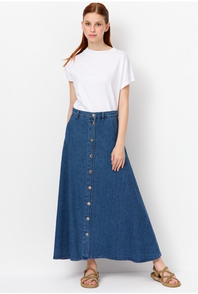 Nihan Düğme Detaylı Kot Etek Indigo