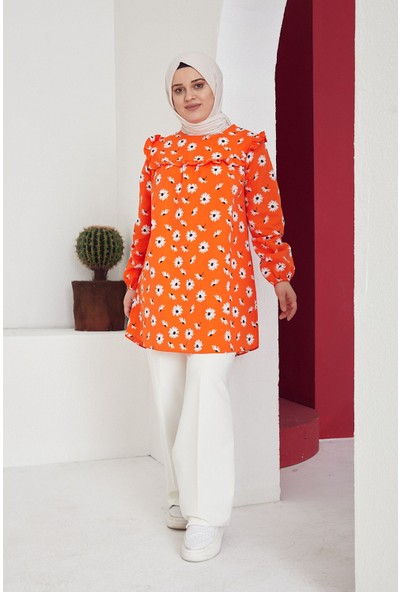 Fırfır Detaylı Desenli Tunik-Oranj Fırfır Detaylı Desenli Tunik-Oranj