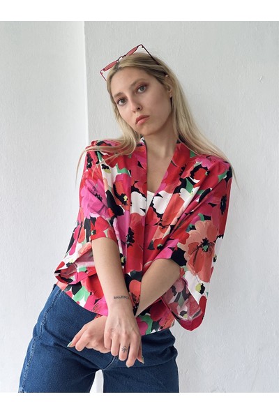 Retrobird Desenli Mini Kimono Kadın Çok Renkli