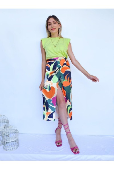 Kadın Büzgülü Renkli Midi Etek