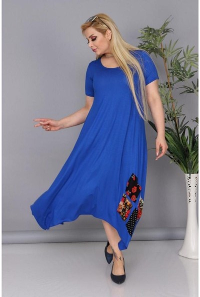 ViolettaXL Kadın Büyük Beden Mavi Asimetrik Kesim Yama Detaylı Viskon Elbise