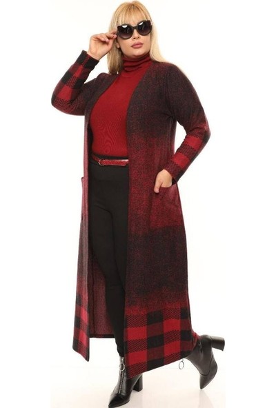 ViolettaXL Kadın Bordo Büyük Beden Kareli Desen Jakarlı Yünlü Hırka