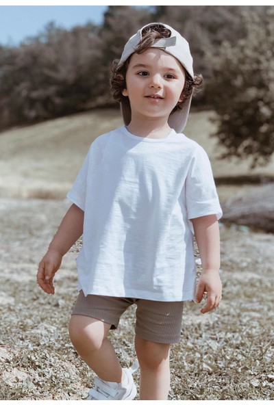 Cigit Kısa Taytlı Üstü Geniş Kesim T-Shırt Takım 1-7 Yaş Ekru