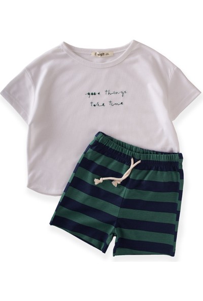 Çizgili Basıc Kaprili Takım 1-5 Yaş Ekru