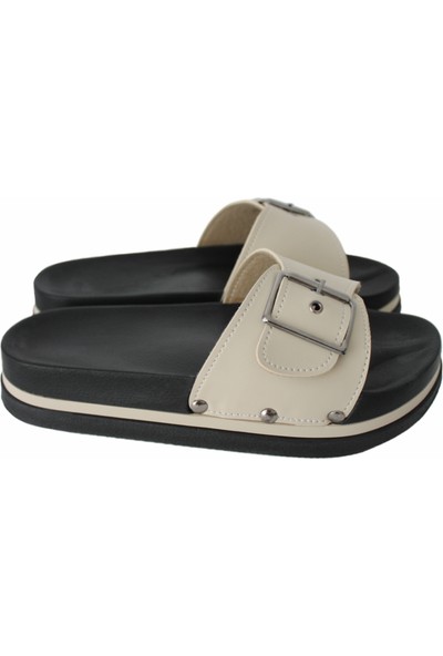 Mubaco Mubaco. Ortopedik Tabanlı Tokalı Bej Kadın Terlik